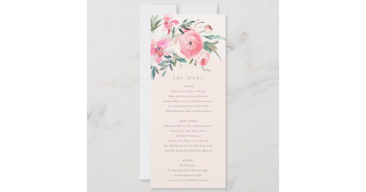 Elegant Blush Pink Rose Orchid Floral Wedding Menu Invitation | Zazzle