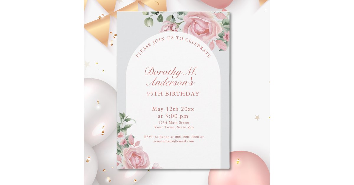 Elegant Blush Pink Roses 95th Birthday Party Invitation | Zazzle