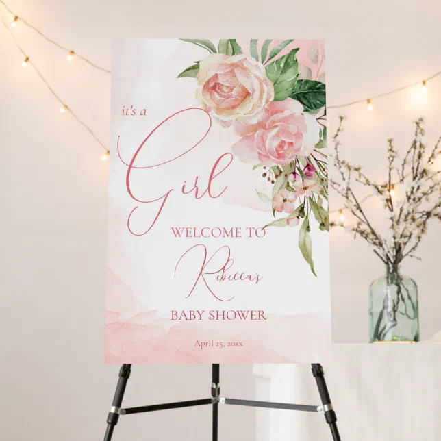 Elegant blush pink roses baby shower welcome sign | Zazzle