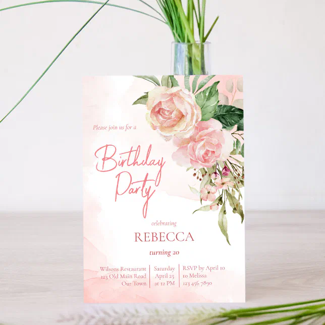 Elegant blush pink roses birthday party invitation | Zazzle