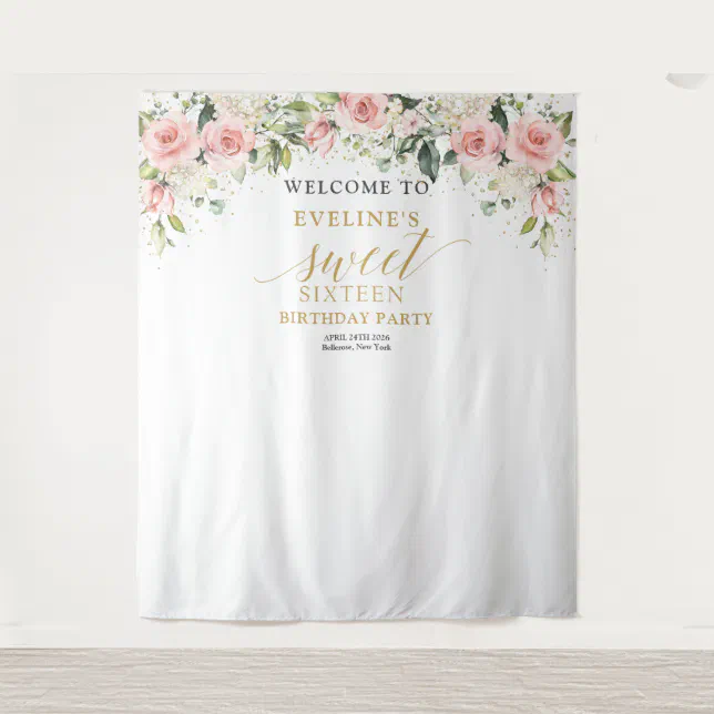 Elegant blush pink roses eucalyptus 16th birthday tapestry | Zazzle
