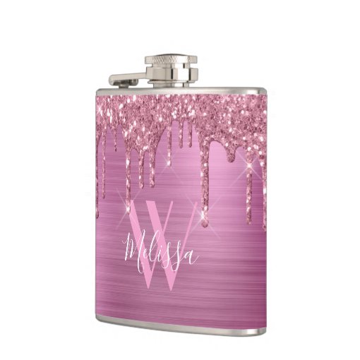 Elegant Blush Pink Sparkle Glitter Drips Monogram Flask | Zazzle