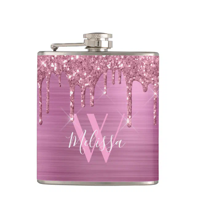 Elegant Blush Pink Sparkle Glitter Drips Monogram Flask | Zazzle