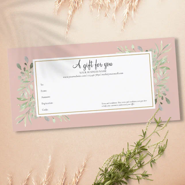 Elegant Blush Pink Spring Leaves Gift Certificate | Zazzle
