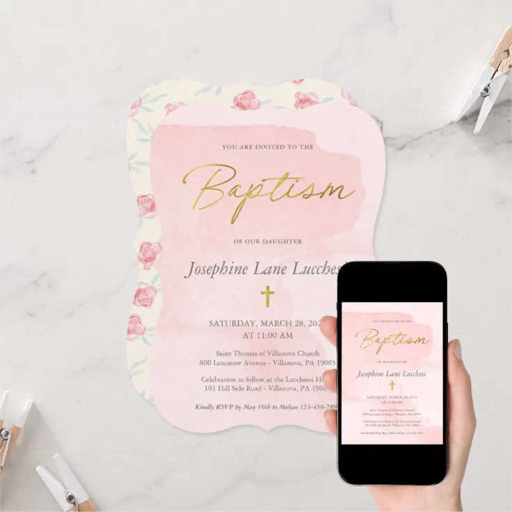 Elegant Blush Pink Watercolor and Gold Baptism Inv Invitation | Zazzle