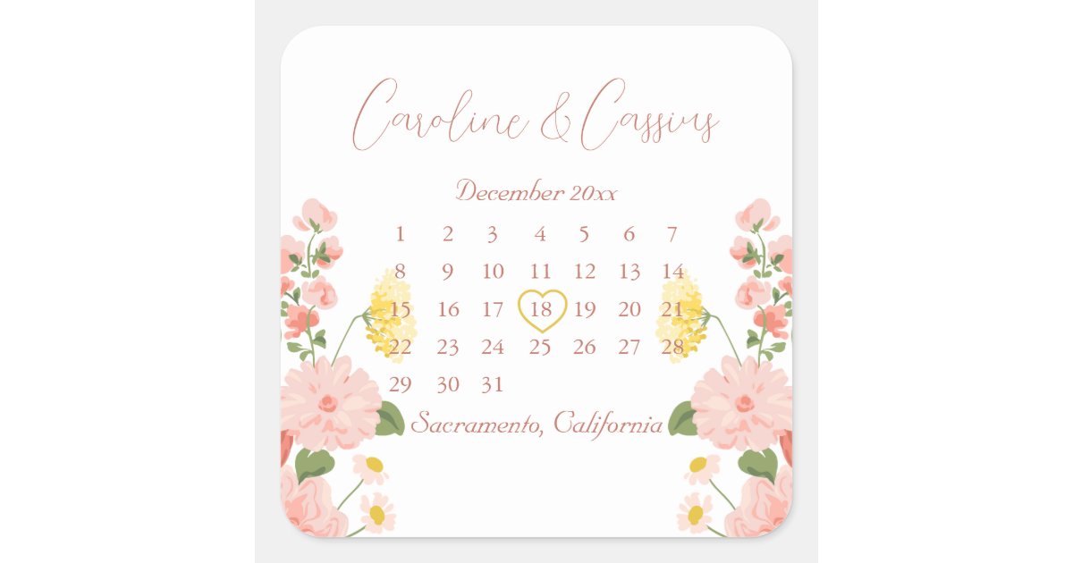 Elegant Blush Pink Wild Flower Wedding Calendar Square Sticker | Zazzle