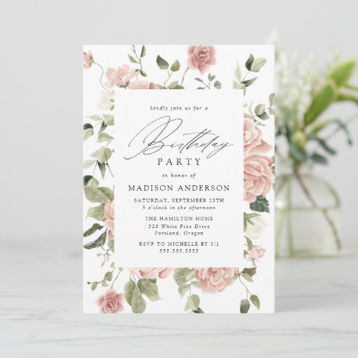 Elegant Blush Rose Garden Birthday Party Invitation | Zazzle
