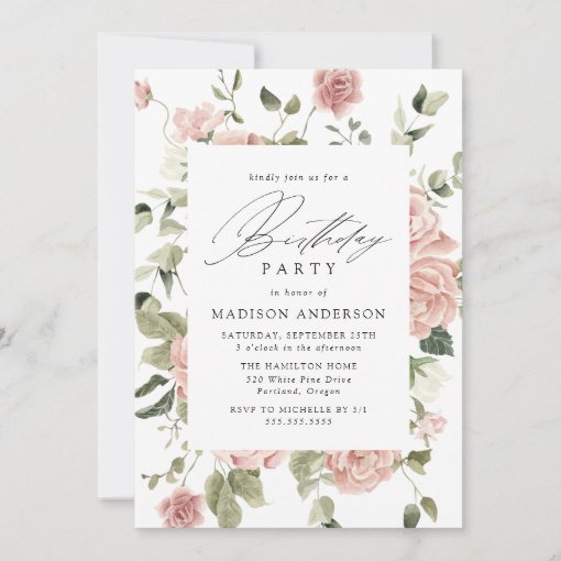 Elegant Blush Rose Garden Birthday Party Invitation | Zazzle