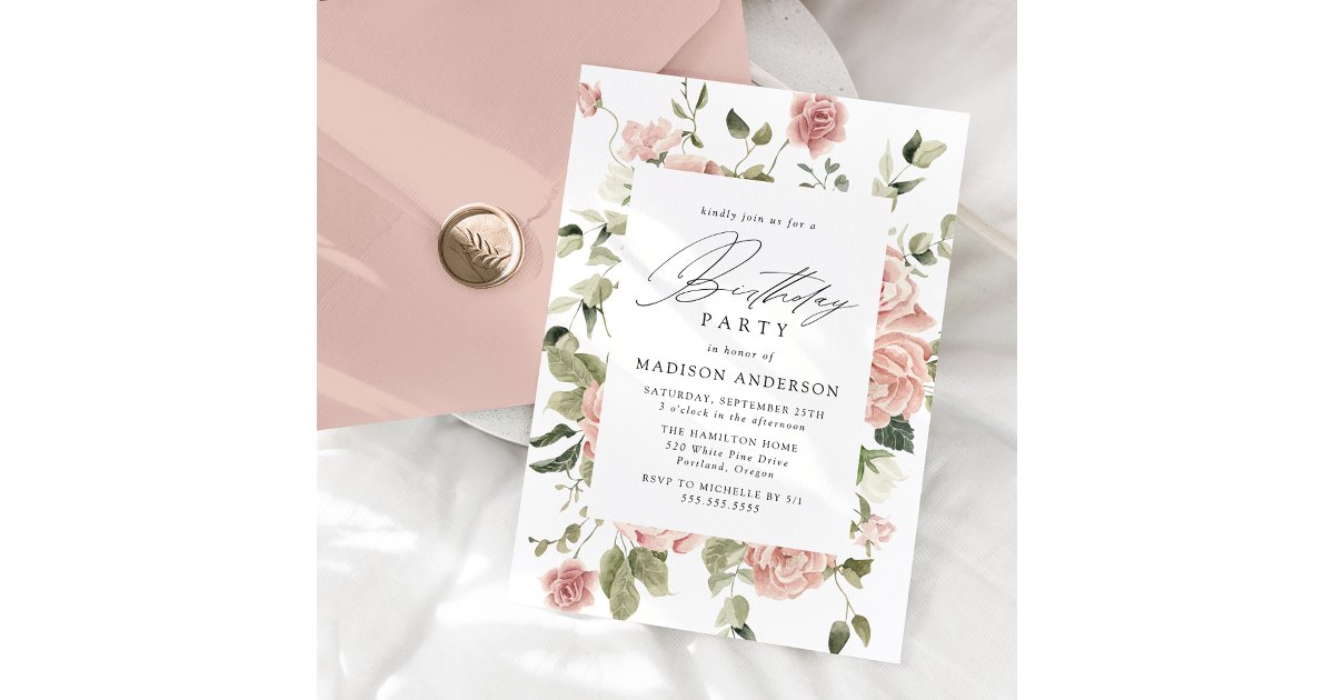 Elegant Blush Rose Garden Birthday Party Invitation | Zazzle