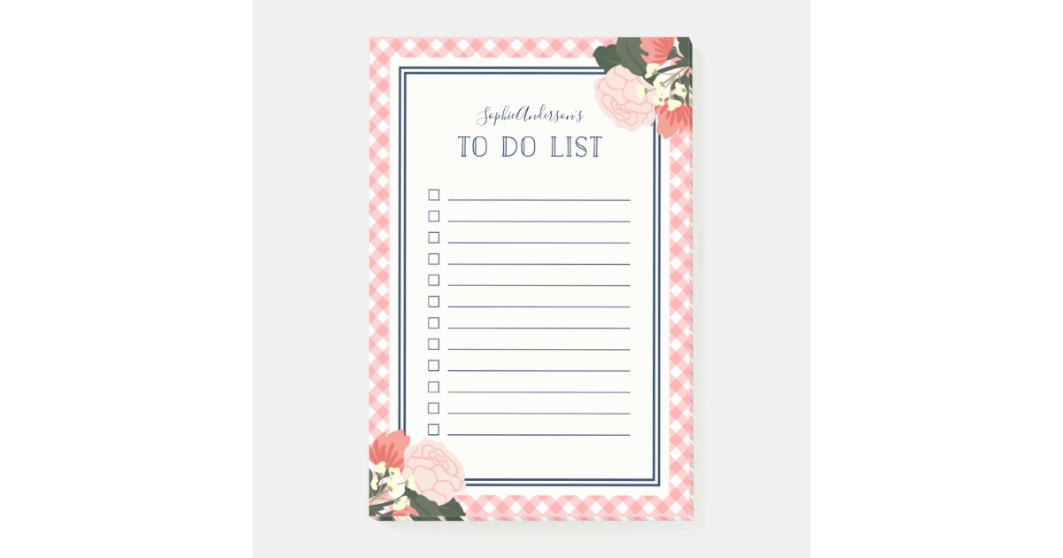 Elegant Blush Roses Floral Gingham To Do List Post-it Notes | Zazzle