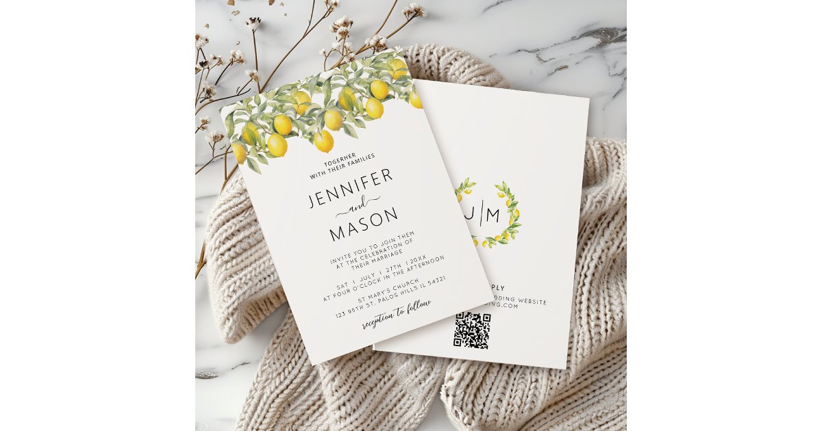 Elegant Bohemian Lemon Citrus Wedding QR code Invitation | Zazzle