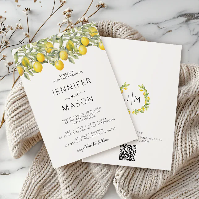 Elegant Bohemian Lemon Citrus Wedding QR code Invitation | Zazzle