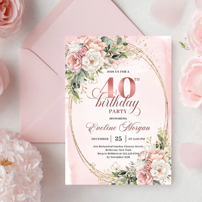 Elegant Boho Blush Floral 40th Birthday Invitation | Zazzle