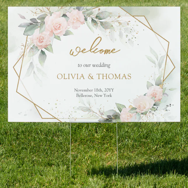 Elegant boho blush roses green gold Welcome sign | Zazzle