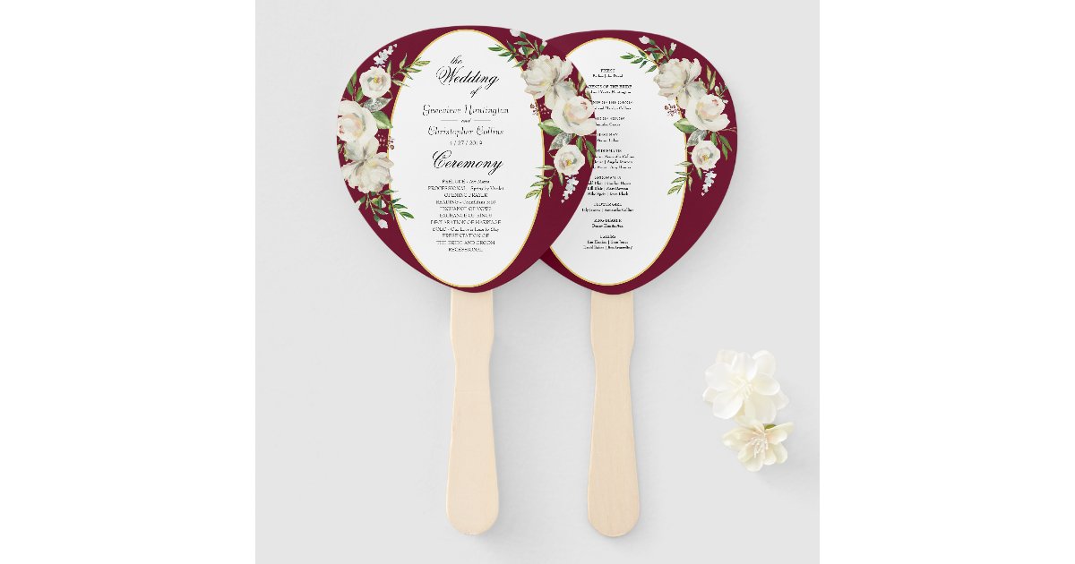 Elegant Boho Burgundy Floral Wedding Ceremony Hand Fan | Zazzle