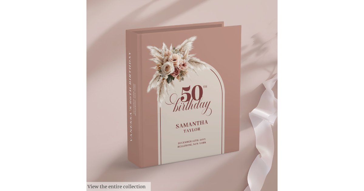 Elegant Boho Dusty Pink Pampas Floral 50th Binder | Zazzle
