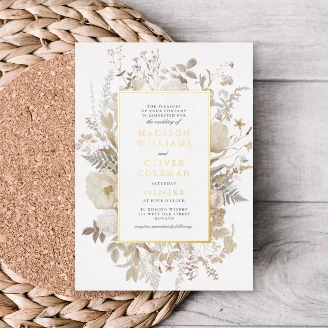 Elegant Boho Floral Frame Wedding REAL Foil Invitation | Zazzle