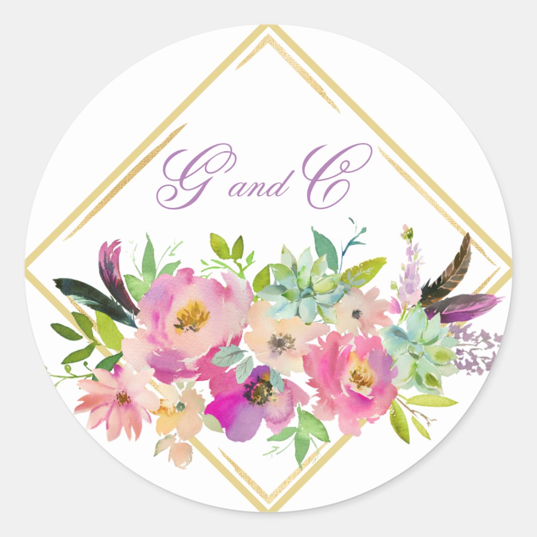 Elegant Boho Floral Gold Wedding Monogram Classic Round Sticker | Zazzle