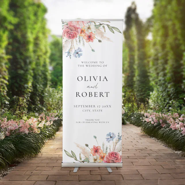 Elegant Boho Floral Wedding Welcome Retractable Banner | Zazzle