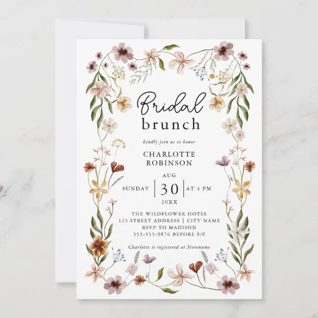 Elegant Boho Floral Wildflower Bridal Brunch Invitation | Zazzle