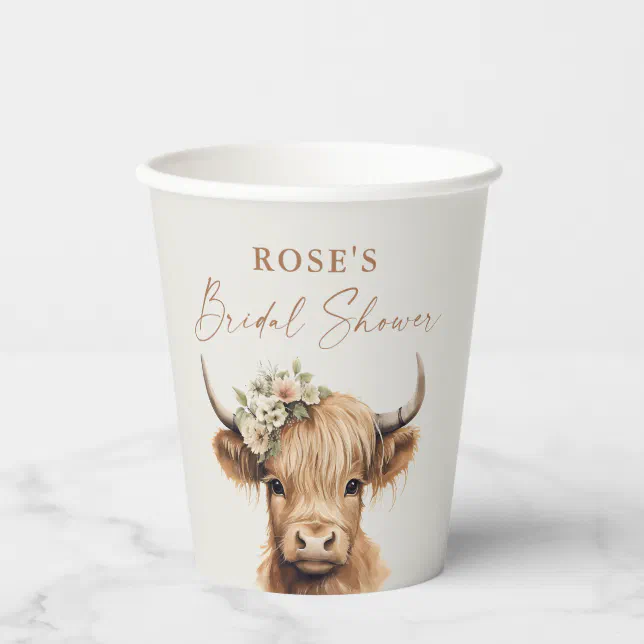 Elegant Boho Highland Cow Bridal Shower Paper Cups | Zazzle