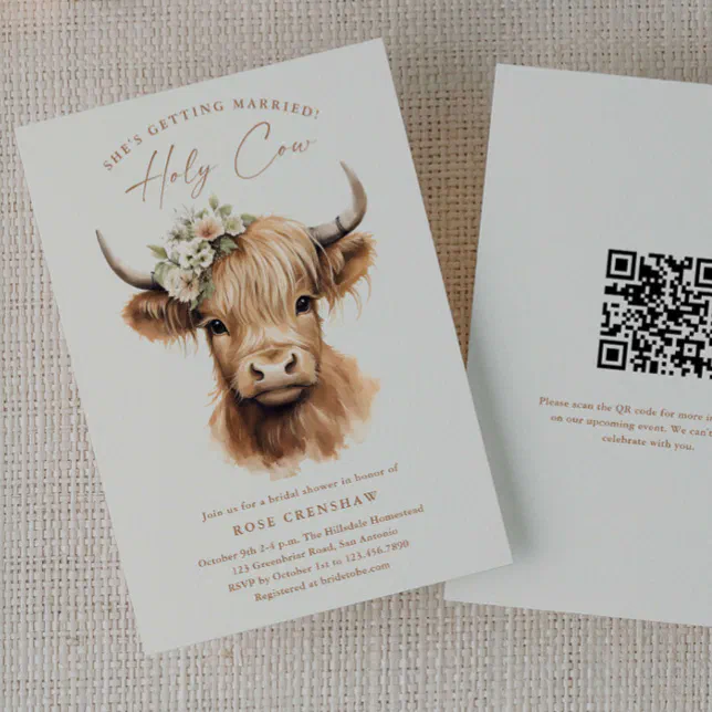 Elegant Boho Highland Cow QR Code Bridal Shower Invitation | Zazzle