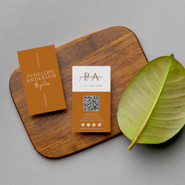 Elegant Boho Monogram QR Code Modern Terracotta Business Card | Zazzle