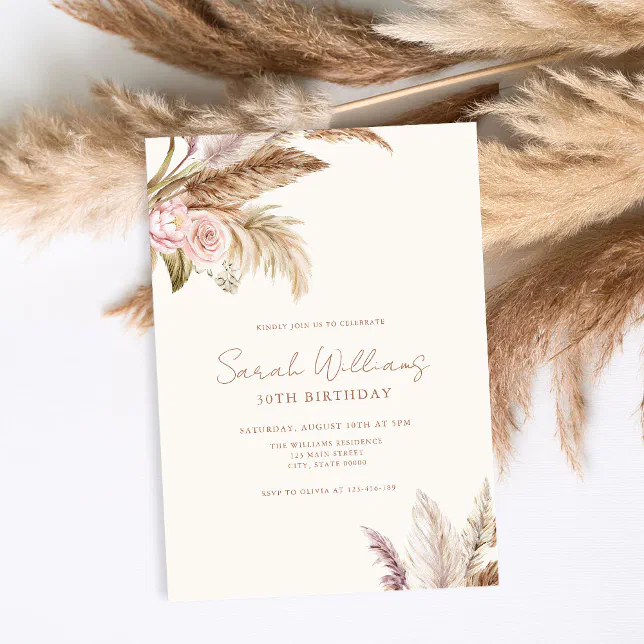 Elegant Boho Pampas Floral 30th Birthday Invitation | Zazzle