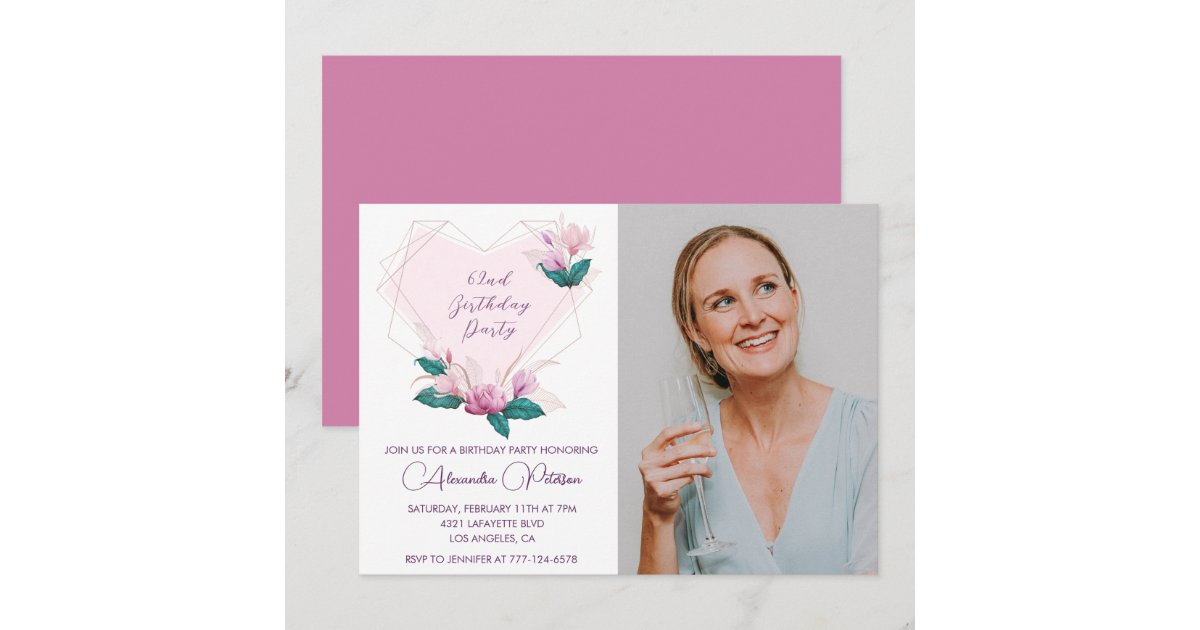 Elegant Boho Pink Floral Photo 62nd birthday Invitation | Zazzle