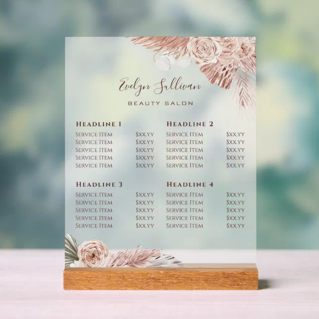 Elegant Boho Roses Price List Acrylic Sign | Zazzle