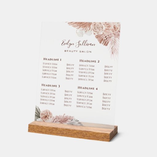 Elegant Boho Roses Price List Acrylic Sign | Zazzle
