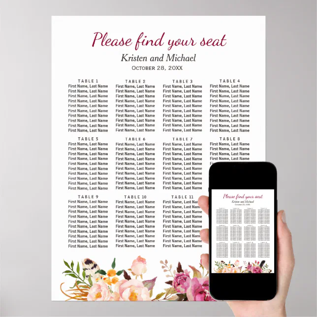 Elegant Boho Rustic Floral Wedding Seating Chart | Zazzle