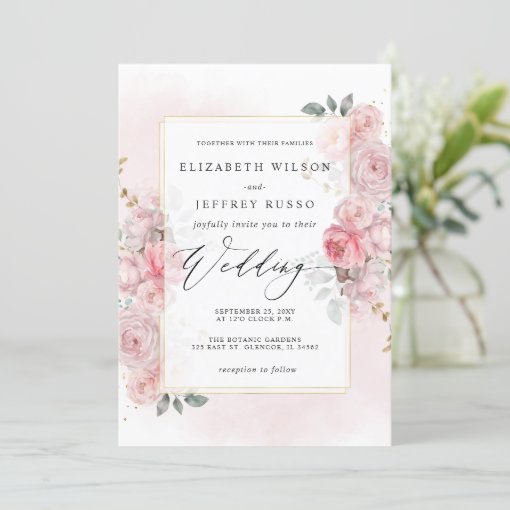 Elegant Boho Spring Blush Gold Floral Wedding Invitation | Zazzle