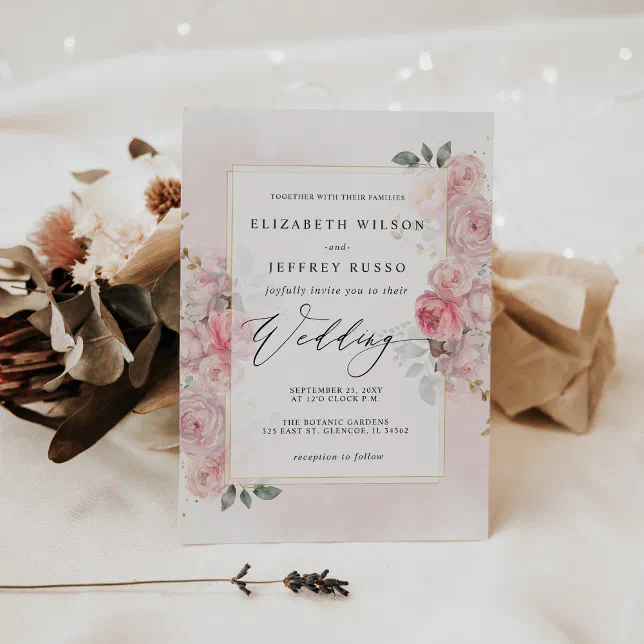 Elegant Boho Spring Blush Gold Floral Wedding Invitation | Zazzle