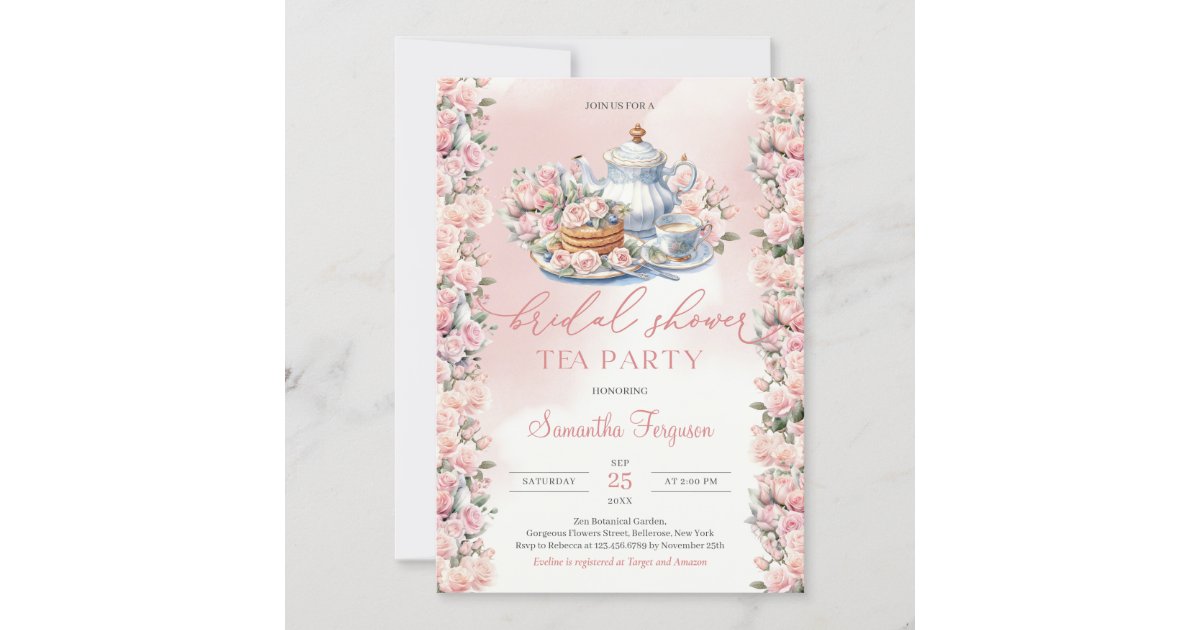 Elegant boho watercolor soft pink roses tea party invitation | Zazzle