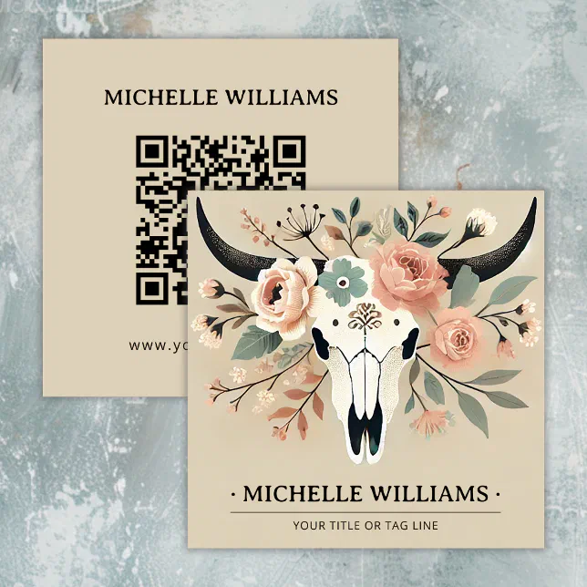 Elegant Boho Western Bull Cow Skull with QR Code Square Business Card ...