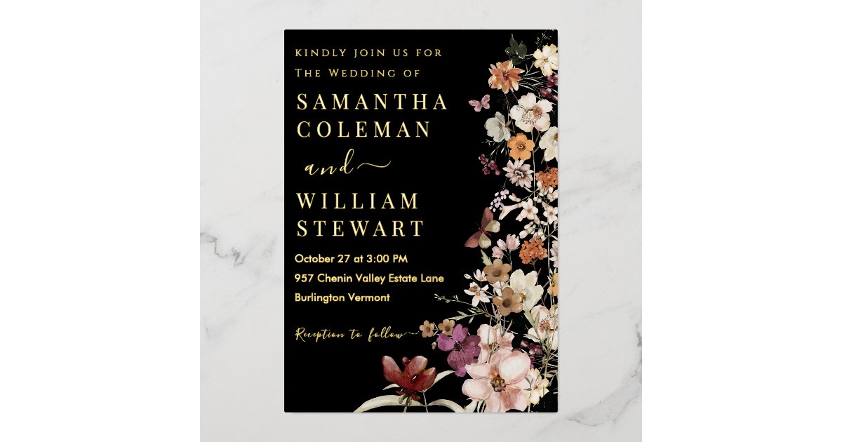 Elegant Boho Wildflower Black Rustic Wedding Foil Invitation | Zazzle