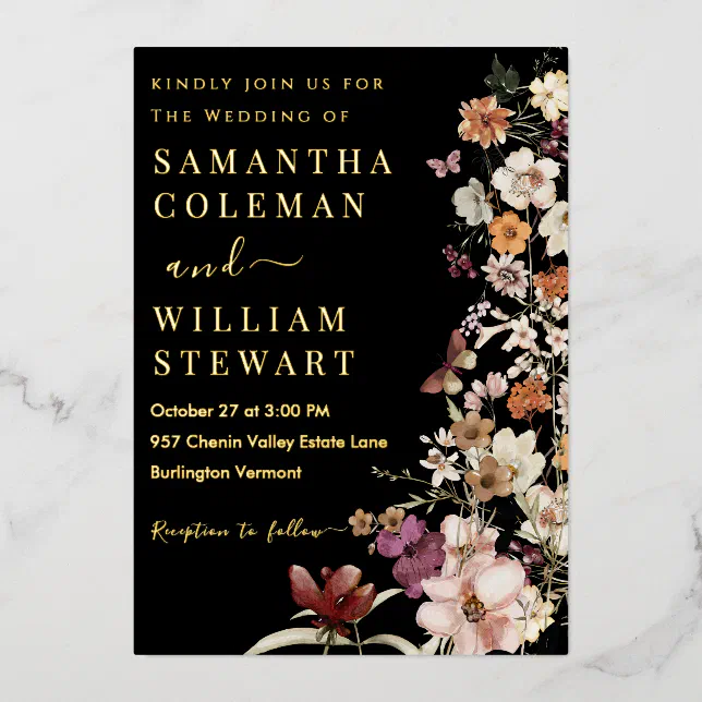 Elegant Boho Wildflower Black Rustic Wedding Foil Invitation | Zazzle