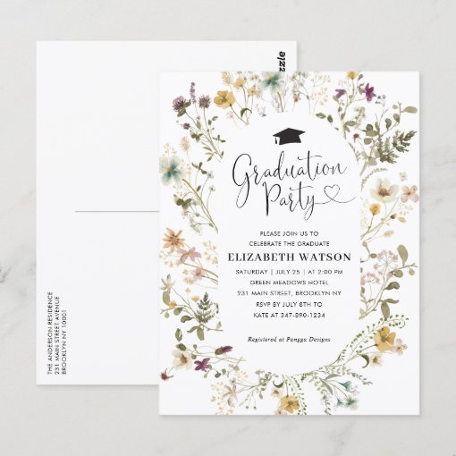Elegant Boho Wildflower Floral Graduation Party Postcard | Zazzle