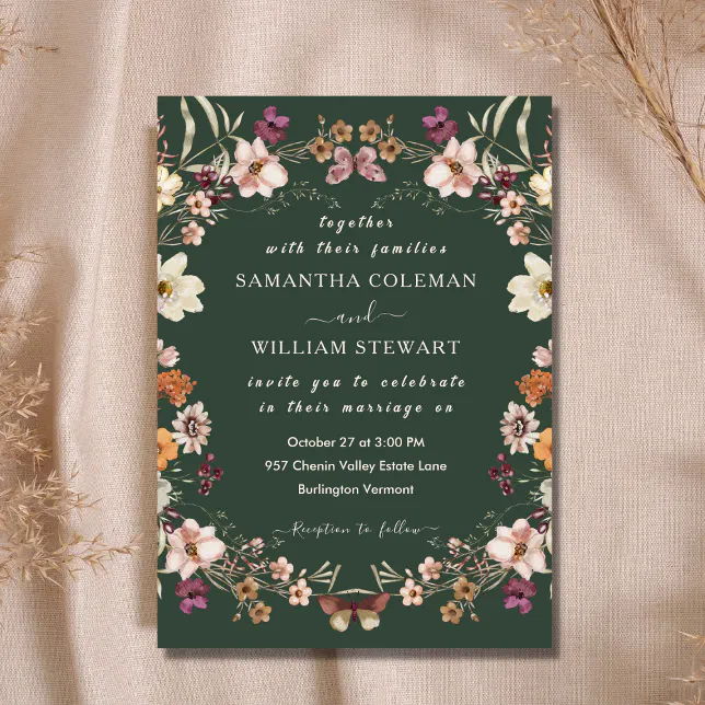 Elegant Boho Wildflower Modern Dark Green Wedding Invitation | Zazzle
