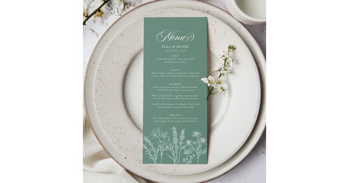 Elegant Boho Wildflower Spring Green Wedding Menu | Zazzle