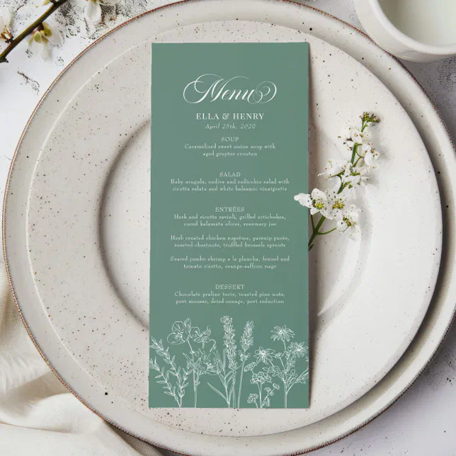 Elegant Boho Wildflower Spring Green Wedding Menu | Zazzle