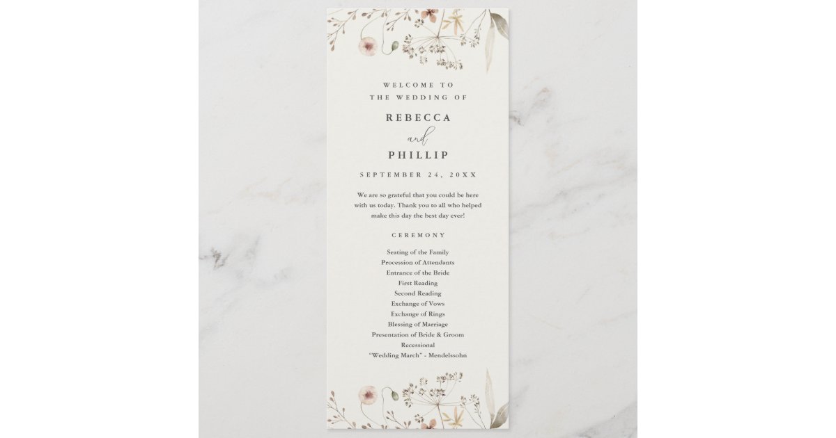 Elegant Boho Wildflower Wedding Program | Zazzle