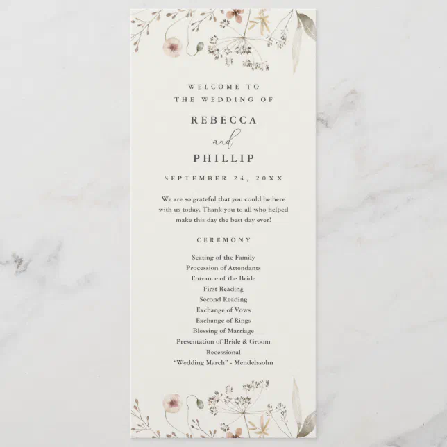 Elegant Boho Wildflower Wedding Program | Zazzle