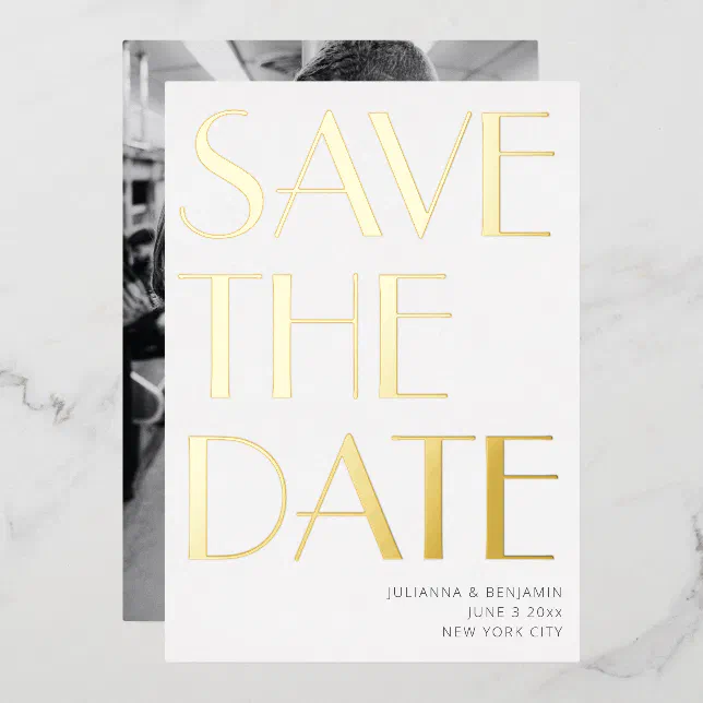 Elegant Bold Art Deco Photo Save The Date Gold Foil Invitation | Zazzle
