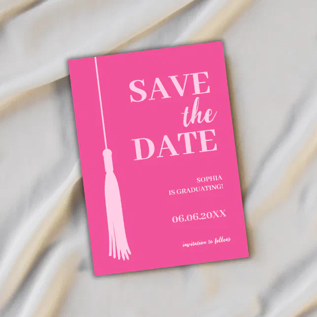 Elegant Bold Pink Grad Tassel Graduation Save The Date | Zazzle