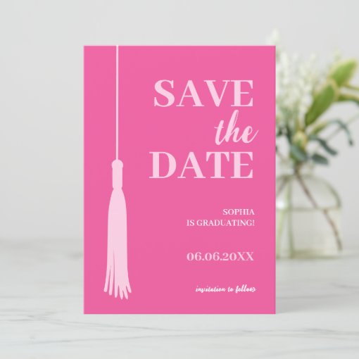 Elegant Bold Pink Grad Tassel Graduation Save The Date | Zazzle