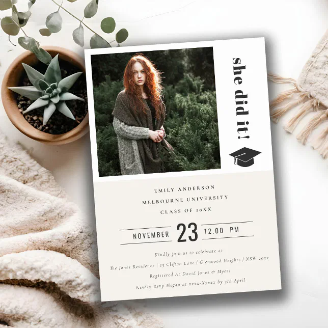 Elegant Bold Typography Graduation Cap Photo Invitation | Zazzle