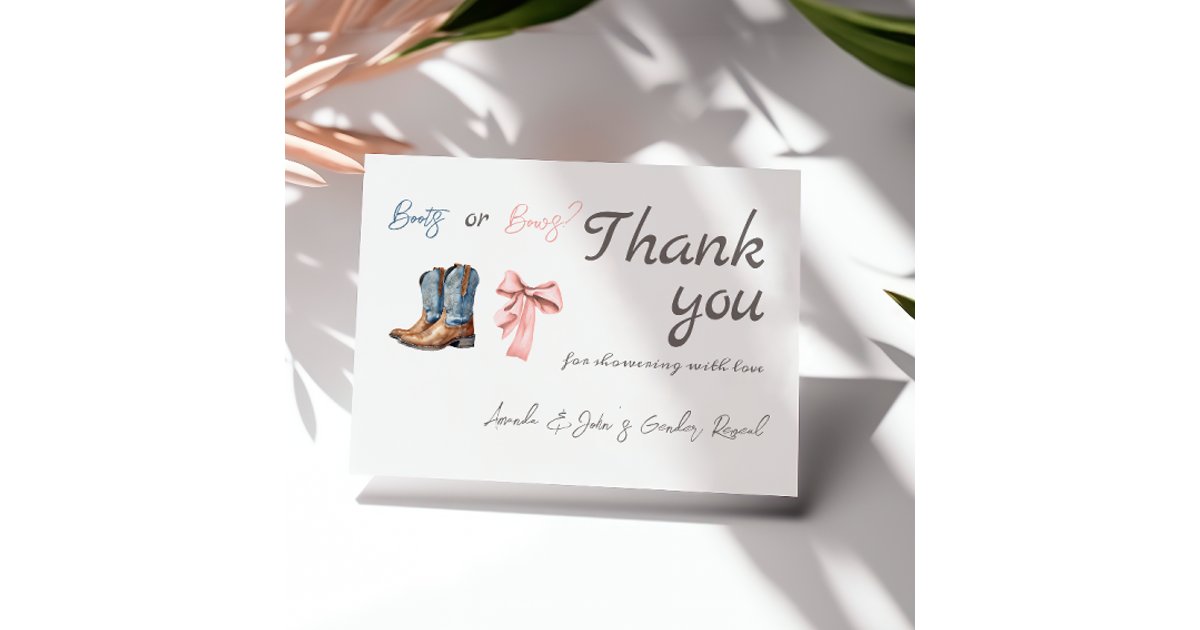 Elegant Boots or Bows Blue Pink Gender Reveal Thank You Card | Zazzle