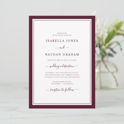 Elegant Border Minimalist Burgundy Script Wedding Invitation | Zazzle